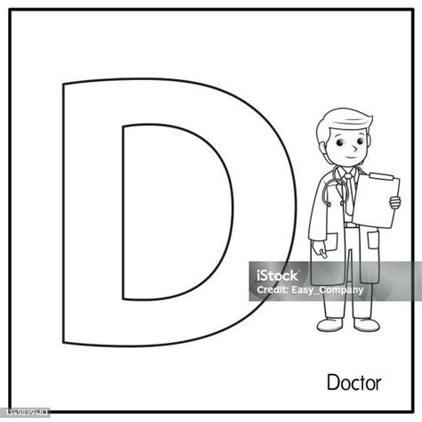 알파벳 문자 D 어퍼 케이스 또는 어린이 학습 연습 Abc를위한 대문자와 의사의 벡터 그림 색칠하기에 대한 스톡 벡터 아트 및