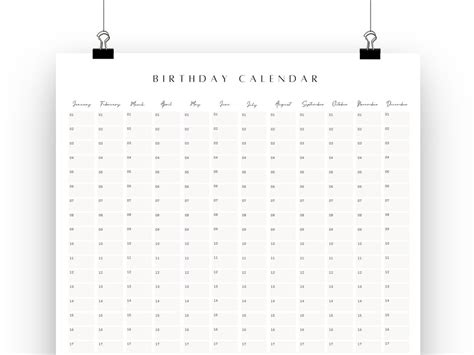 Birthday Calendar Birthday Tracker Printable Birthday List Etsy
