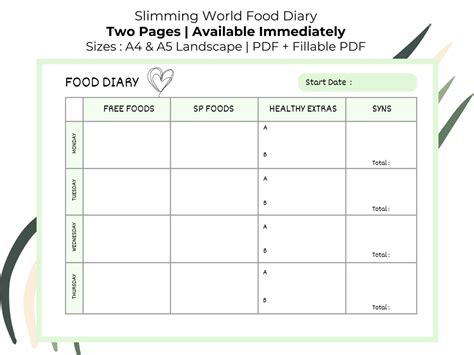 Slimming World Food Diary Printable Food Diary Slimming Etsy Uk