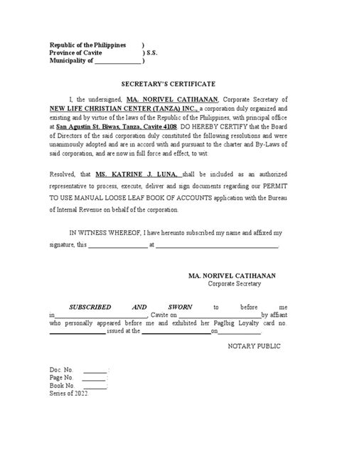 Secretary Certificate For Manual Loose Leaf Pdf