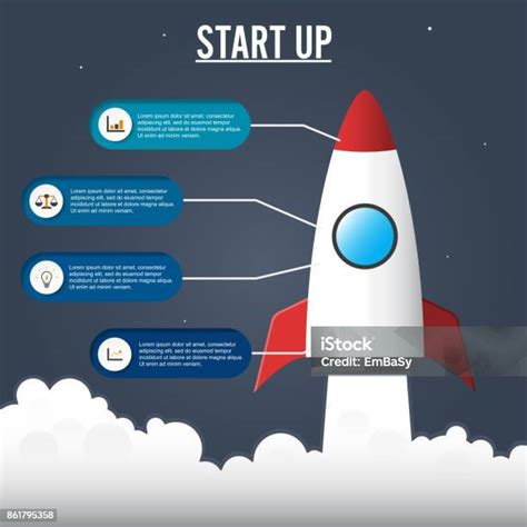 비즈니스 프로젝트 시작 Infographic 아이디어 로켓과의 평면 그림 개념 주기형 다이어그램 그래프 프레 젠 테이 션 및 원형 차트에 대 한 템플릿 데이터 옵션 부품