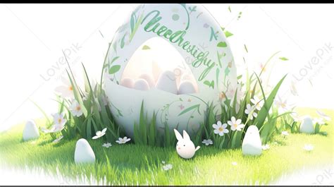 불후의 부활절 축하 무성한 잔디 배경 가운데 흰 계란 프레임에 있는 텍스트의 3d 렌더링 흰 계란 배경 부활절 배경 꽃