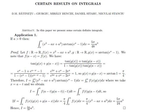 Certain Results On Integrals Romanian Mathematical Magazine