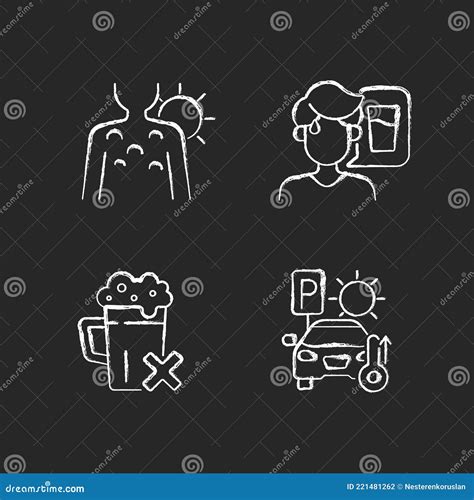 Sunstroke Precaution Chalk White Icons Set On Dark Background Stock