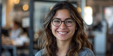smiling female software developer wearing glasses in office portrait