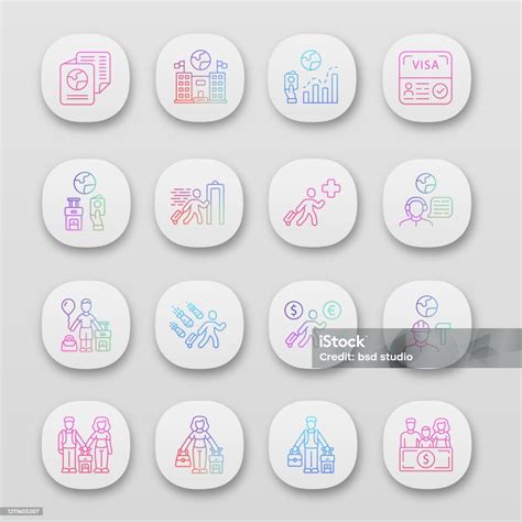 이민 앱 아이콘 세트 해외 여행 여행 계획 휴가 휴가 조직 난민 도움 여행 장비 Ui Ux 사용자 인터페이스 웹 또는 모바일