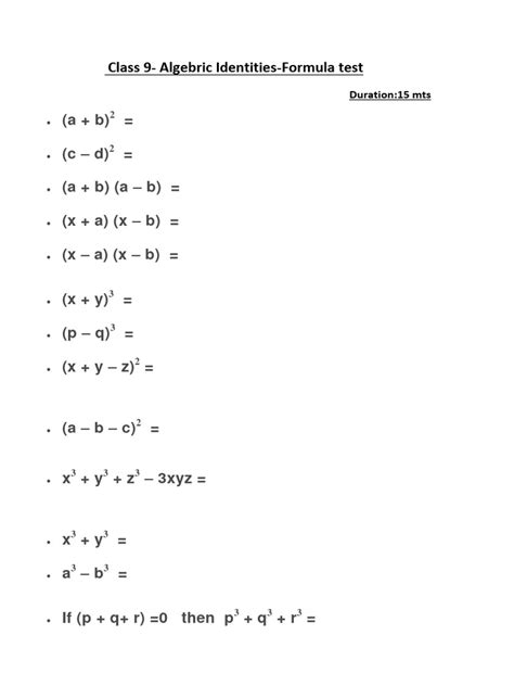 Class 9 Algebraic Identities Test Pdf Teaching Methods And Materials