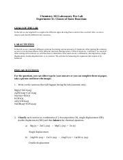 Experiment 11 Pre Lab Ionic Reactions Docx Chemistry 101 Laboratory Pre Lab Experiment 11