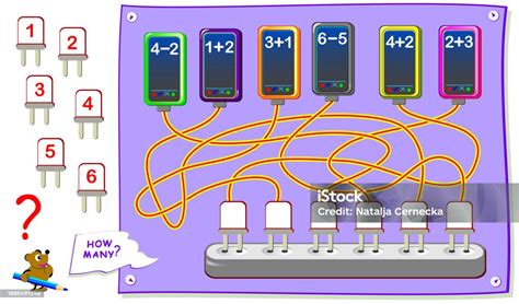 덧셈과 뺄셈에 대한 연습이 있는 어린이를 위한 인쇄 가능한 교육 페이지 예제를 풀고 휴대폰 충전 플러그에 숫자를 씁니다 아기 교과서용 워크시트입니다 거리에 대한 스톡 벡터