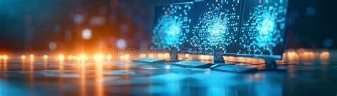multi screen setup with digital data visualization stock illustration