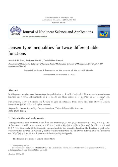 Pdf Jensen Type Inequalities For Twice Dierentiable Functions