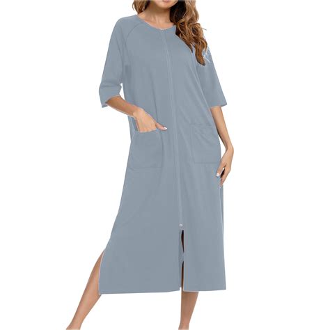 Tiimm Women Robe Zipper Front Nightgown Lounge 34 Sleeve Midi Dress