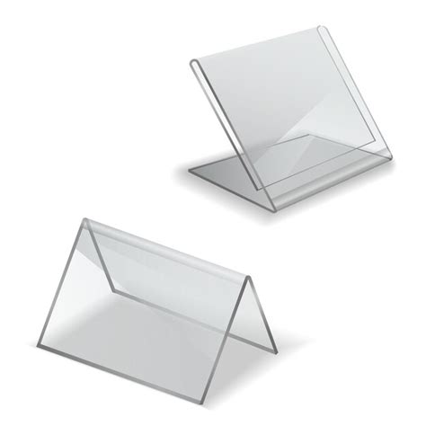 테이블 디스플레이 이벤트 또는 소매 가격 태그에 대한 현실적인 빈 홀더 3d 플라스틱 보드 이름 카드 광고 배지 모형 투명 유리 및 아크릴 정보 스탠드 벡터 세트 프리미엄 벡터