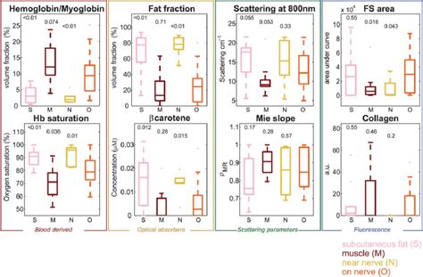 boxplots of relevant parameters above the bars the significance
