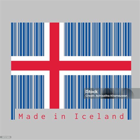 바코드는 아이슬란드 깃발 파란 하늘 백설 크로스와 흰색 안에 불 같은 붉은 색 십자가의 색을 설정합니다 0명에 대한 스톡 벡터