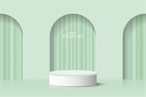 흰색 녹색 3d 실린더 연단 받침대는 3개의 아치 문과 커튼 배경 앞에 현실적으로 배치됩니다 모형 또는 제품 프레젠테이션을 위한 최소한의 장면 3d 벡터 기하학적 형태