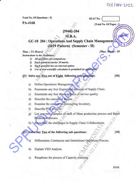 Postgraduate Pg Mba Semester 2 2022 November Operations And Supply Chain Management