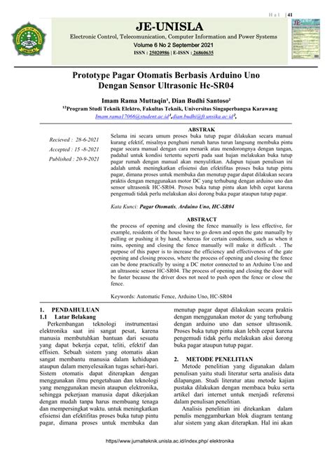 Pdf Prototype Pagar Otomatis Berbasis Arduino Uno Dengan Sensor