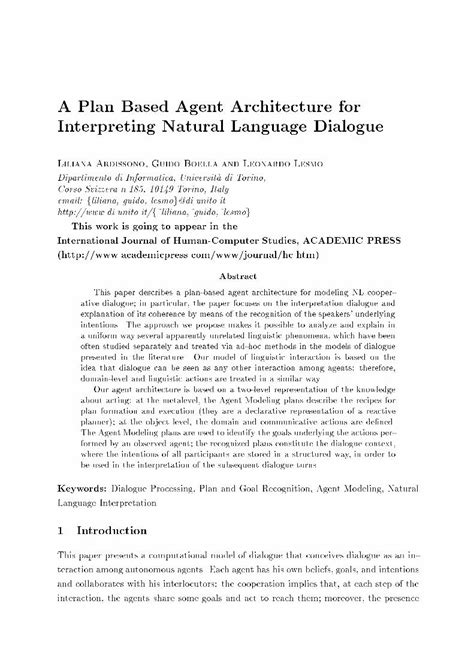 Pdf A Plan Based Agent Architecture For Interpreting Natural Language