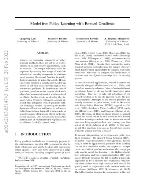 Pdf Model Free Policy Learning With Reward Gradients