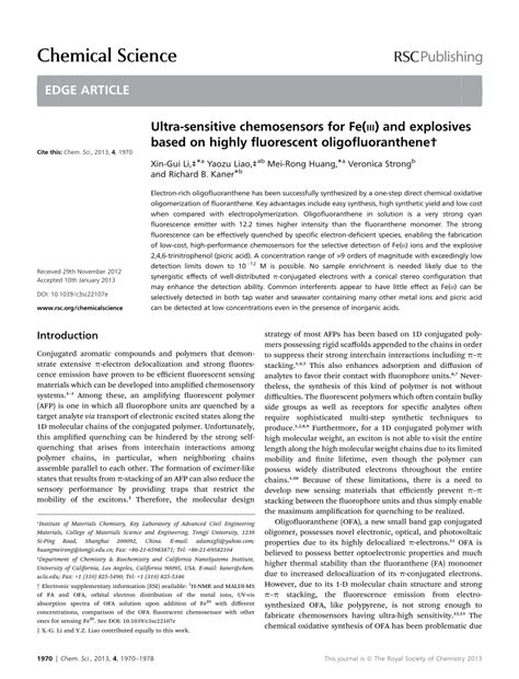 Pdf Ultra Sensitive Chemosensors For Fe Iii And Explosives Based On