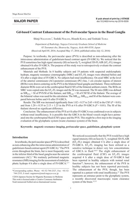PDF Gd Based Contrast Enhancement Of The Perivascular Spaces In The Basal Ganglia