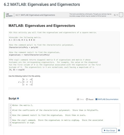 Solved Linear Algebra 62 Matlab Eigenvalues And Eigenvectors Lab