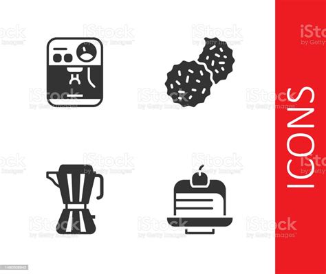 케이크 조각 커피 머신 메이커 모카 냄비 및 쿠키 또는 비스킷 아이콘을 설정합니다 벡터 검은색에 대한 스톡 벡터 아트 및 기타
