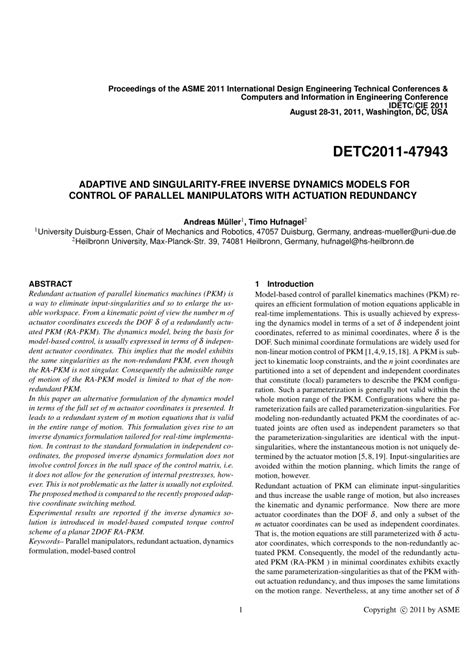 Pdf Adaptive And Singularity Free Inverse Dynamics Models For Control Of Parallel Manipulators