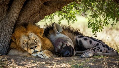 A Lion And A Hyena Napping Under The Same Tree Premium Ai Generated Image