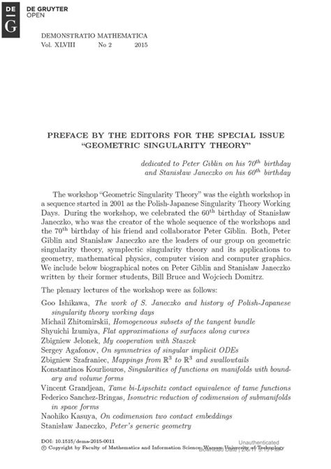 Pdf Preface By The Editors For The Special Issue Geometric Singularity Theory