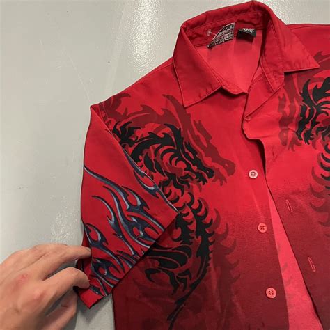 Y2k Button Down Dragon And Flames Cyber Punk Shirt Depop