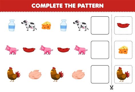 어린이를 위한 교육 게임은 패턴 논리적 사고를 완성하고 규칙성을 찾고 만화 소 우유 치즈 돼지 소시지 닭고기로 연속 작업을 계속합니다 프리미엄 벡터