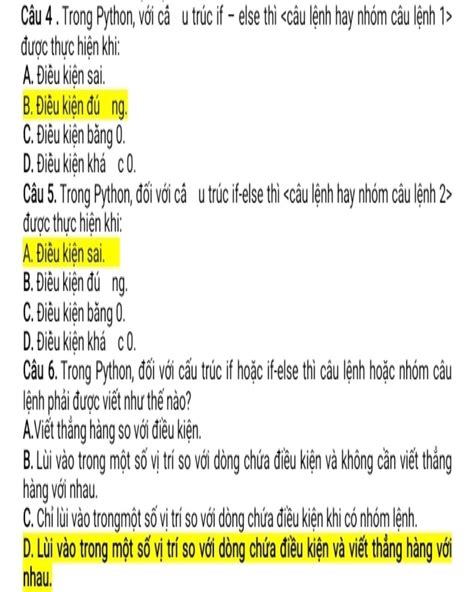 Câu 4 Trong Python Với Câu Trúc If Else Thì được Thực Hiện Khi A