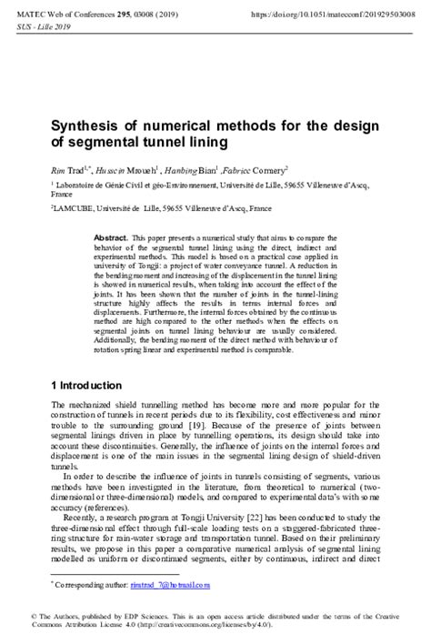 Pdf Synthesis Of Numerical Methods For The Design Of Segmental Tunnel Lining Hussein Mroueh