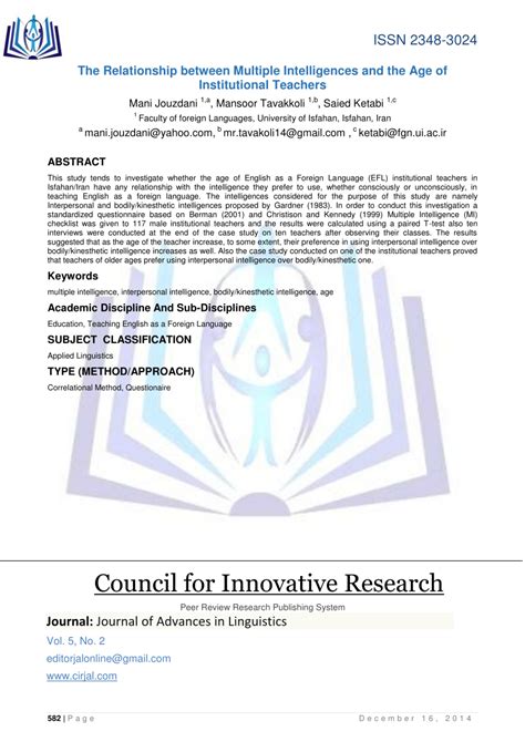 Pdf The Relationship Between Multiple Intelligences And The Age Of Institutional Teachers