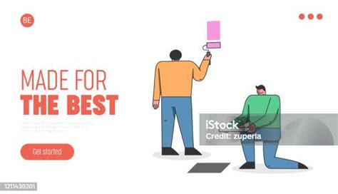 홈 수리 개념 웹 사이트 방문 페이지 두 명의 수리공 노동자가 집을 수리하고 있습니다 만화 남성 캐릭터 페인트 벽과 타일을 넣어 웹 페이지 만화 선형 개요 벡터 일러스트