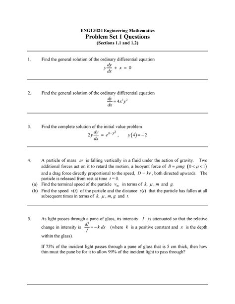 Seminar Assignments Problem Set 1 10 Questions No Answer Engi 3424 Engineering