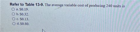 solved refer to table 13 9 the average variable cost of