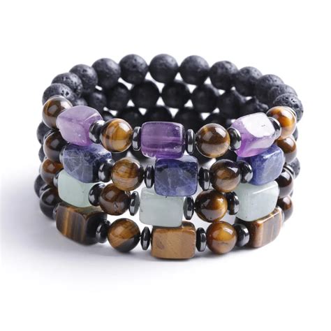 ₩2424에서 스퀘어 타이거 아이 에너지 구슬 7 Chakras 팔찌 8mm 블랙 용암 돌 디퓨저 비즈 팔찌 스트레치 요가