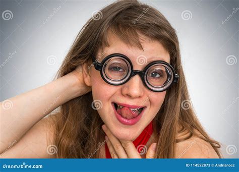 Funny Nerd Or Geek Woman With Sexual Expression On Face Stock Image Image Of Humorous Funny