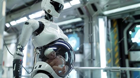 Pregnant Robot Woman Carrying A Robotic Infant In Her Belly Premium Ai Generated Image