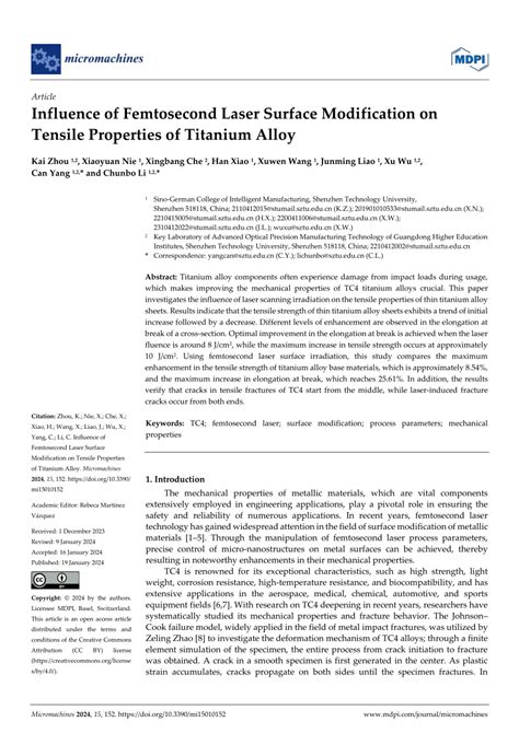 Pdf Influence Of Femtosecond Laser Surface Modification On Tensile Properties Of Titanium Alloy