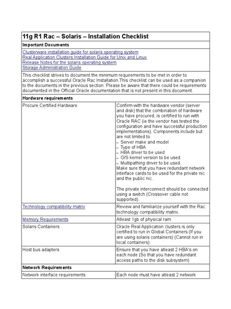 11g R1 Rac Solaris Installation Checklist Pdf Network Interface