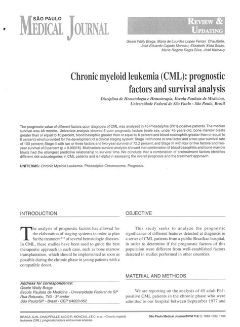 Pdf Chronic Myeloid Leukemia Cml Prognostic Factors And Survival