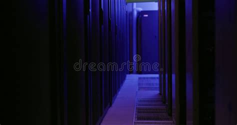 Dark Server Room And Neon Light For Information Technology Cyber Security Or Data Protection
