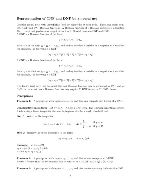 Representation Of Cnf And Dnf By A Neural Net Perceptrons Pdf