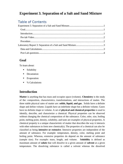 Experiment 3 Separation Of A Salt And Sand Mixture 1 Pdf