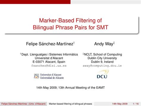 [ppt] marker based filtering of bilingual phrase pairs for smt nez
