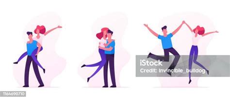 행복 한 사랑 커플 여가 시간 쾌활한 남자와 여자 캐릭터 함께 시간을 보내고 포옹 기뻐 손으로 점프 인간의 관계 공생 만화 플랫